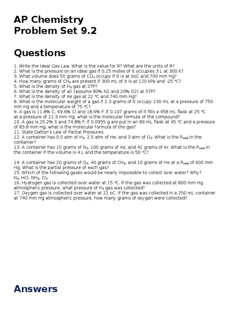 AP Chemistry Gas Laws Problem Set | PDF