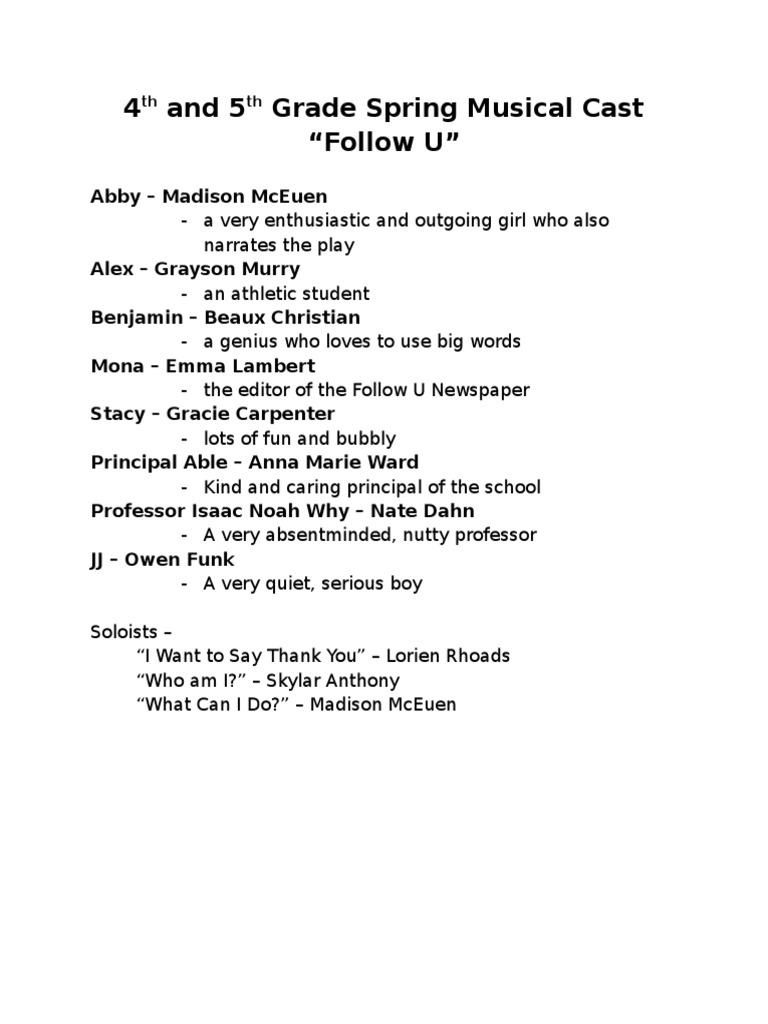 4th and 5th Grade Spring Musical Cast | PDF | Art | General Fiction