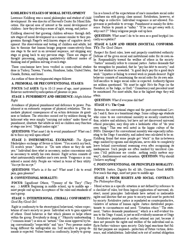 Kohlberg's Stages of Moral Development | PDF | Morality | Stereotypes