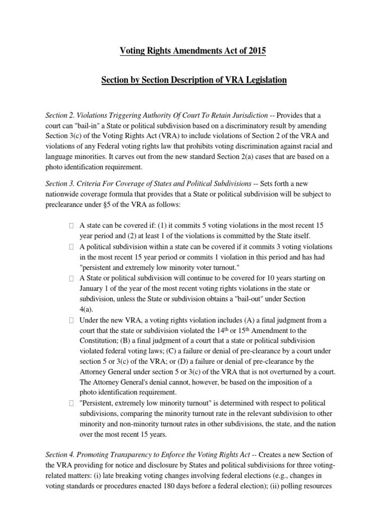 Voting Rights Act Amendment 2015 Section by Section | PDF | Voting ...