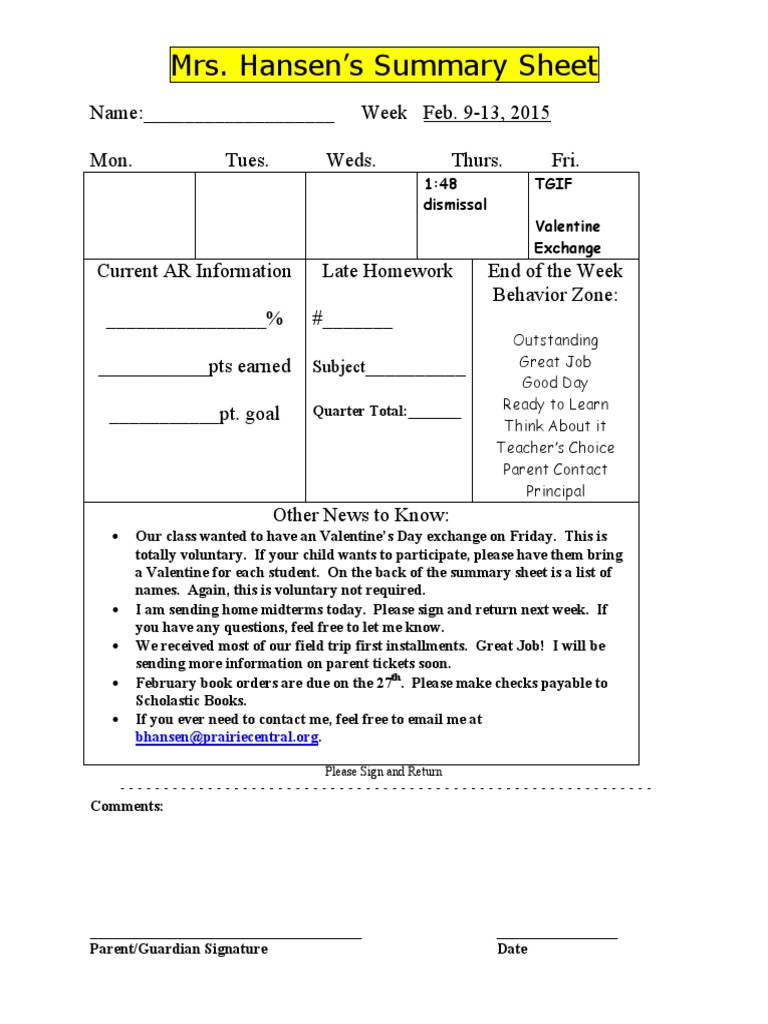 Weekly Summary Sheet for Mrs. Hansen | PDF