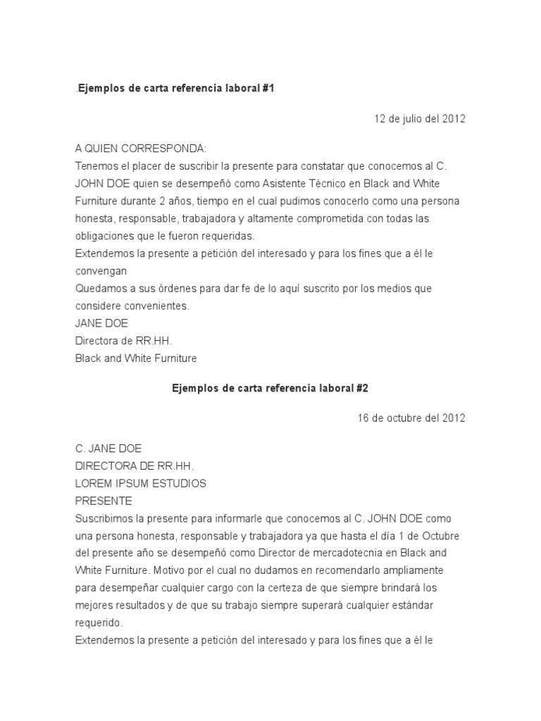 Ejemplos de cartas de referencia laboral | PDF