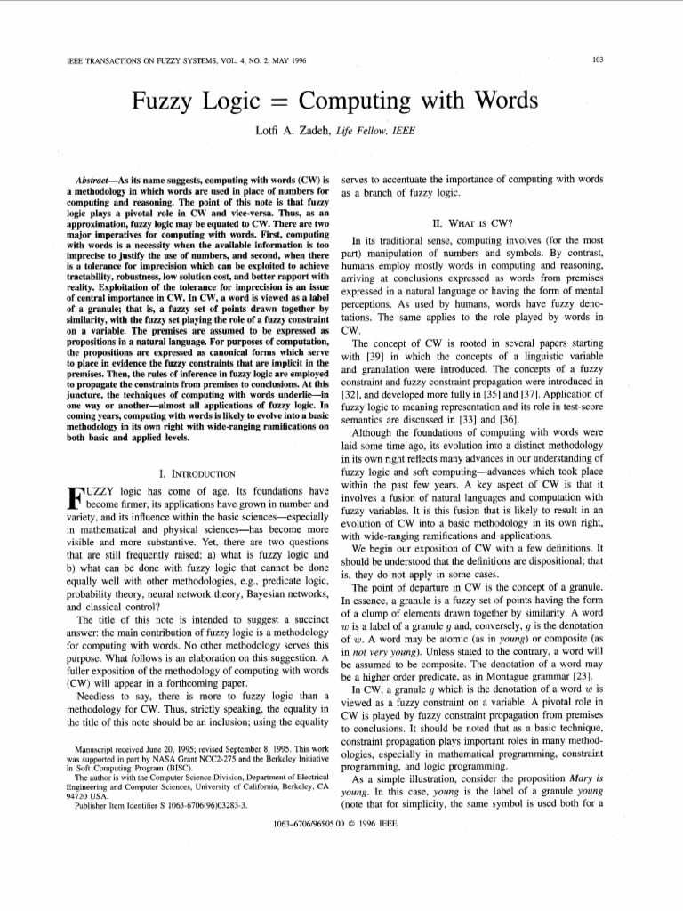 Fuzzy Logic Computing With Words: Lotfi | PDF | Fuzzy Logic | Logic