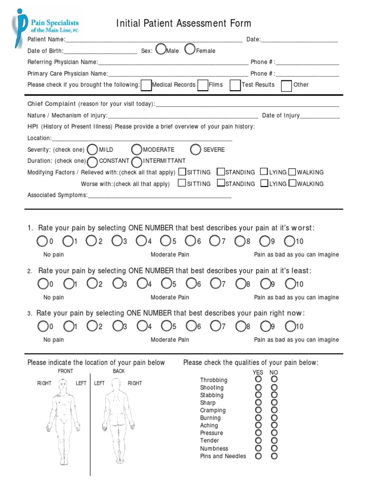 Initial Patient Assessment Form | PDF | Headache | Pain