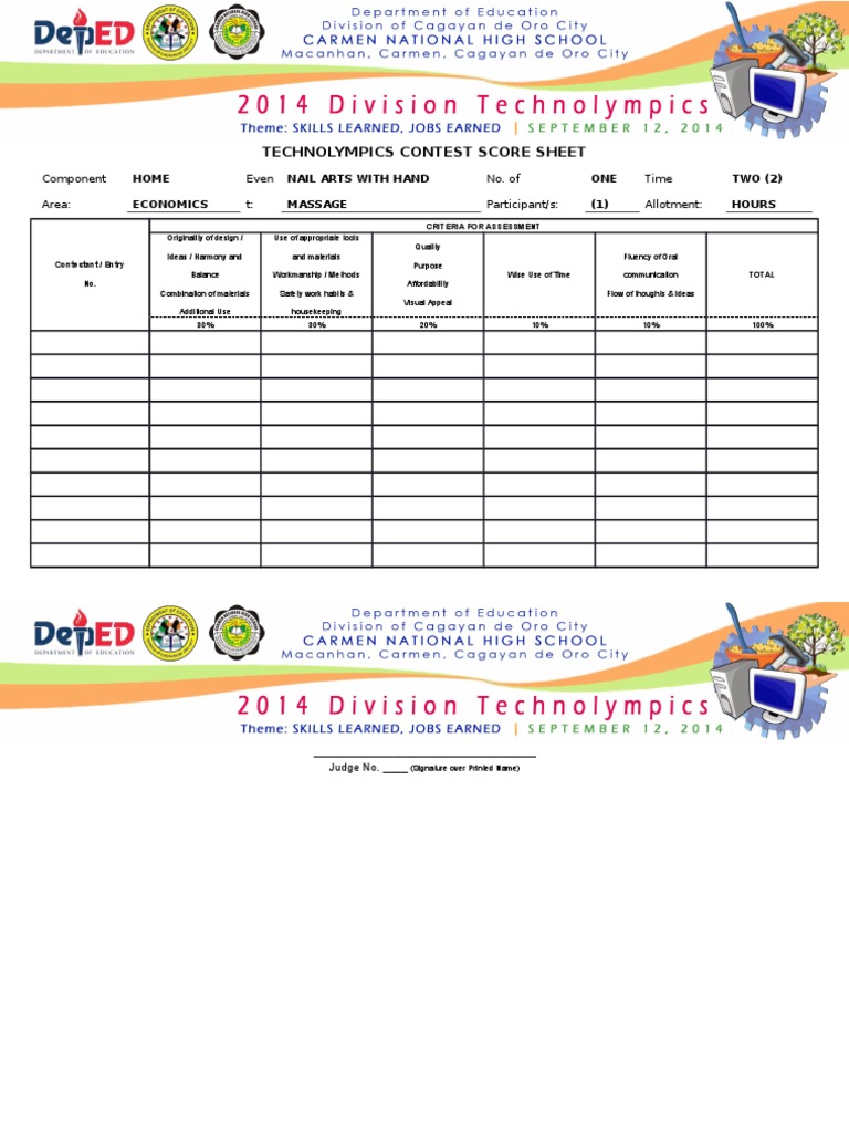 Technolympics Contest Score Sheet for Nail Arts and Massage Event | PDF ...
