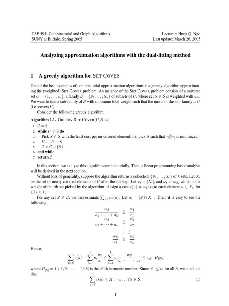 Analysis Of A Greedy Approximation Algorithm For The Set Cover Problem Using The Dual Fitting