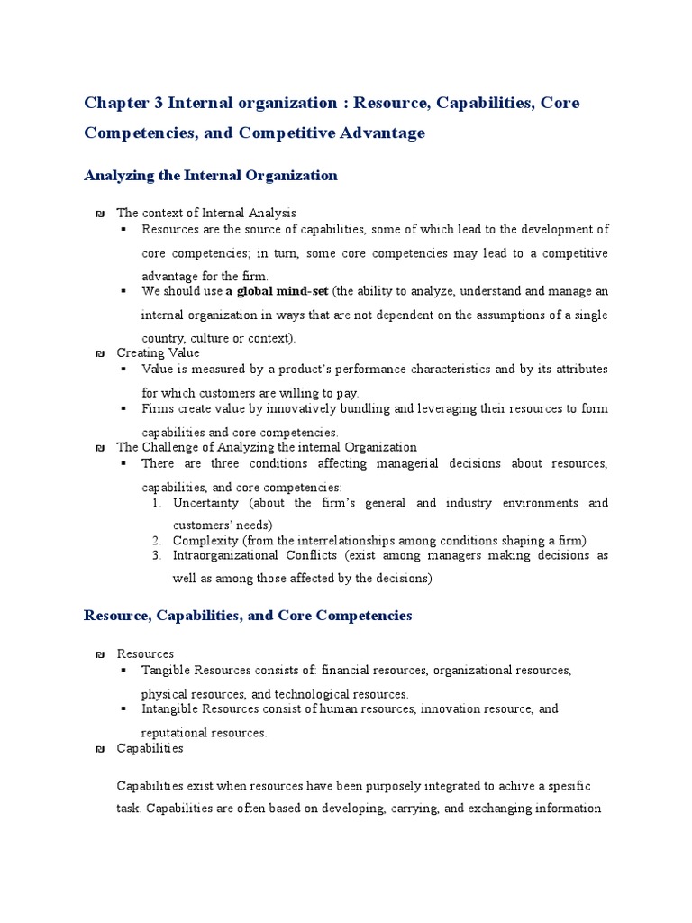 Chapter 3 Internal Organization: Resource, Capabilities, Core Competencies, and Competitive ...