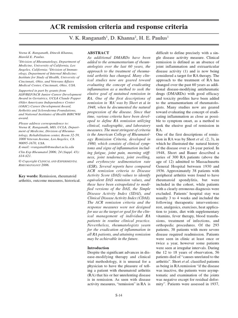 ACR Remission Criteria and Response Criteria: V. K. Ranganath, D ...