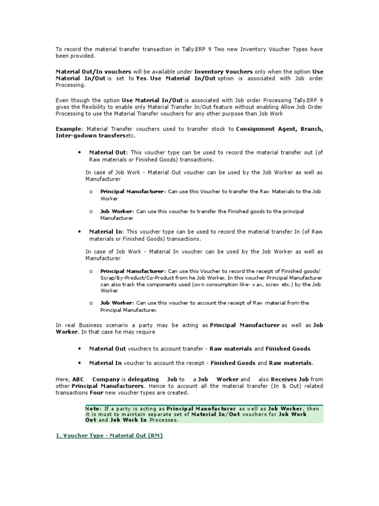 Voucher Type - Material Out (RM) : Out and Job Work in Processes | PDF ...