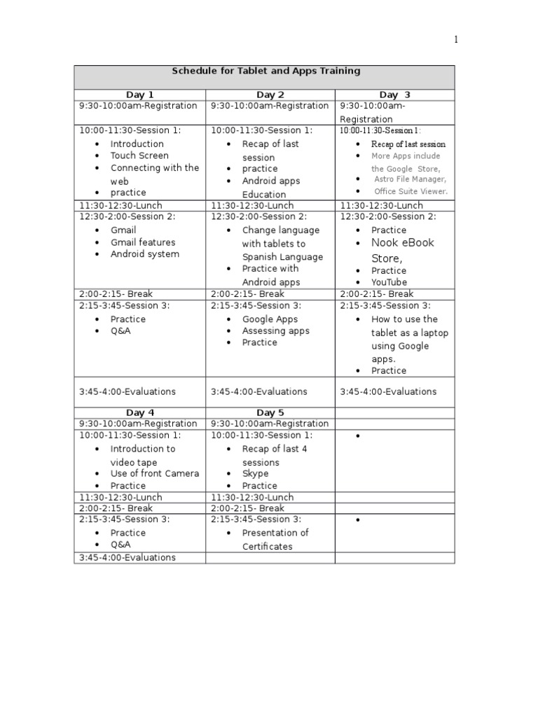 Schedule For Tablet and Apps Training | PDF