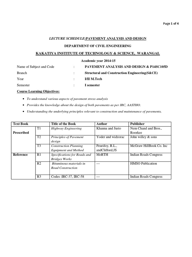 Pavement Analysis and Design Lecture Schedule: An Overview of Topics, Assignments, and Learning ...