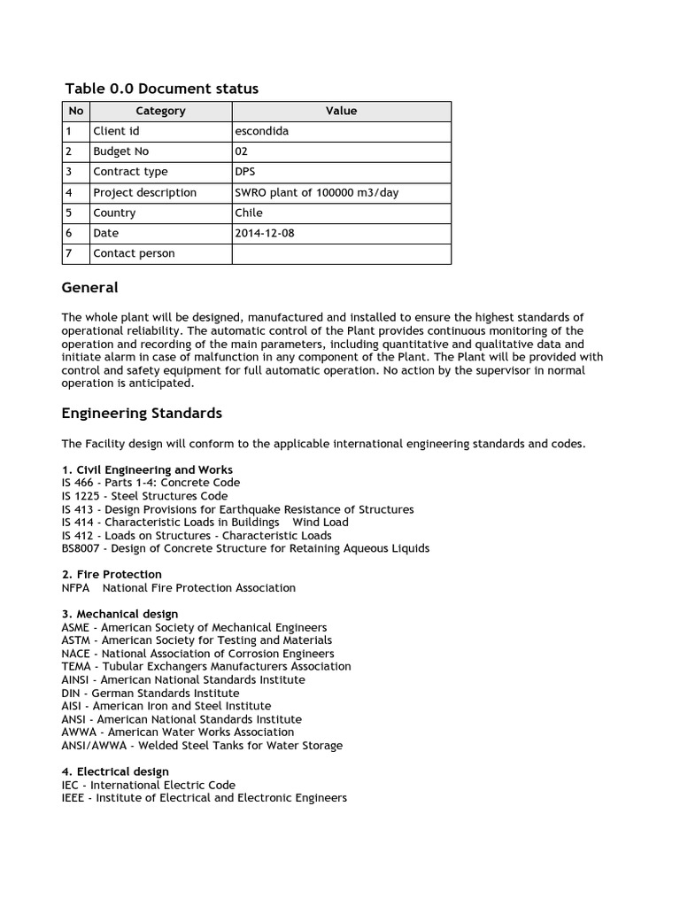 SWRO Plant Design and Engineering Standards Document | PDF | Filtration ...