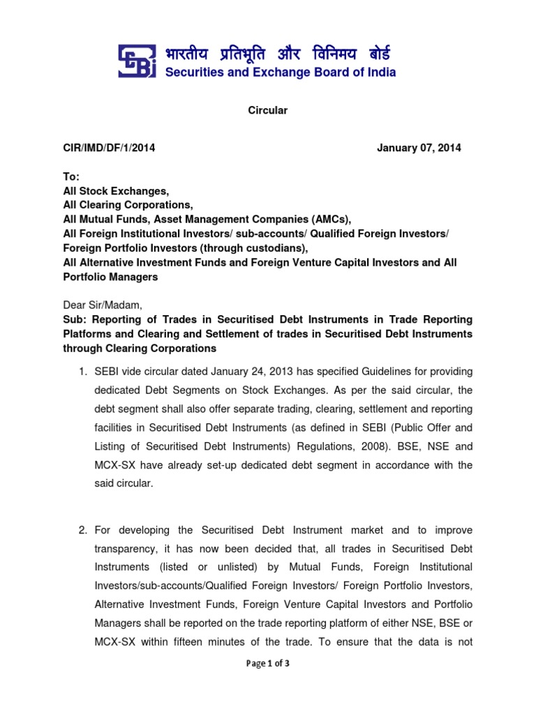 SEBI Circular on Reporting and Clearing of Trades in Securitized Debt ...
