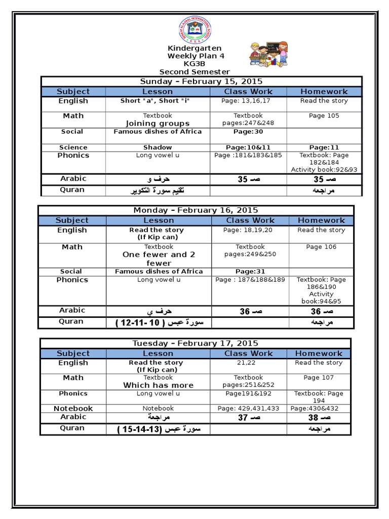 Kindergarten Weekly Plan: Feb 2015 | PDF