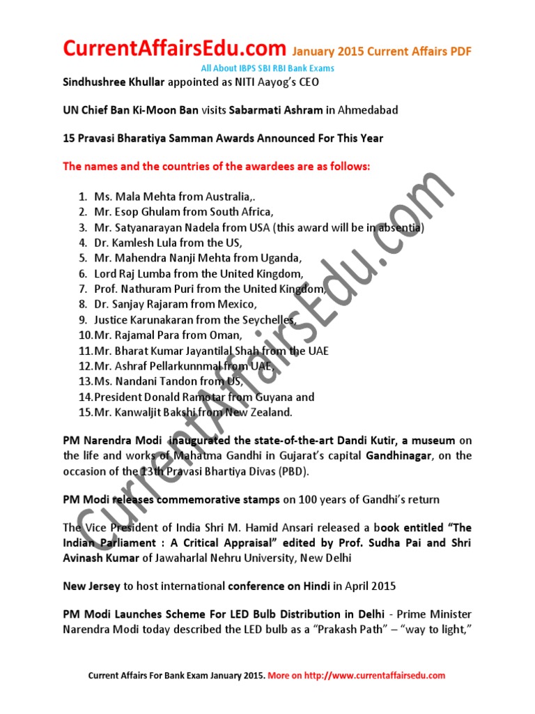 Current Affairs PDF January 2015 | PDF | Reserve Bank Of India ...