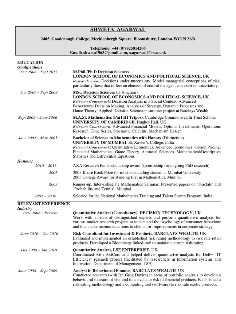 SAgarwal CV April 2011 | PDF | Financial Analyst | Quantitative Analyst