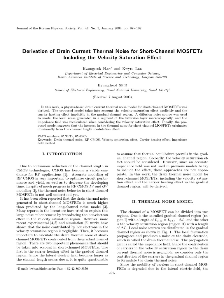 Derivation of Drain Current Thermal Noise For Short-Channel Mosfets Including The Velocity ...