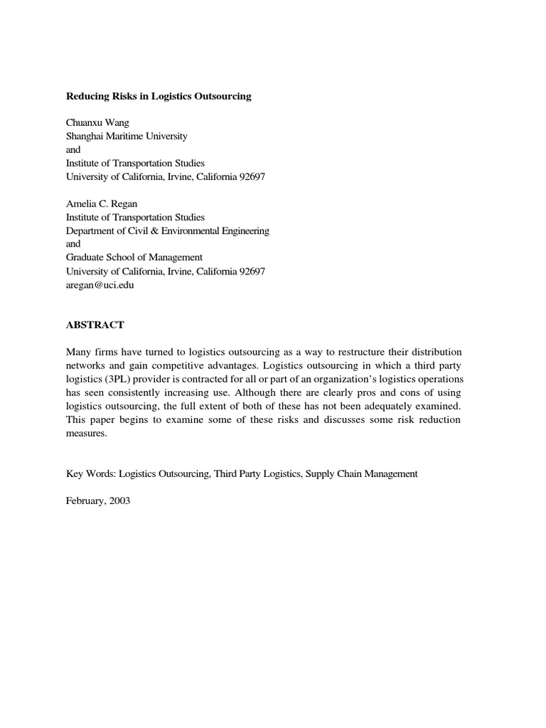 Reducing Risks in Logistics Outsourcing | PDF