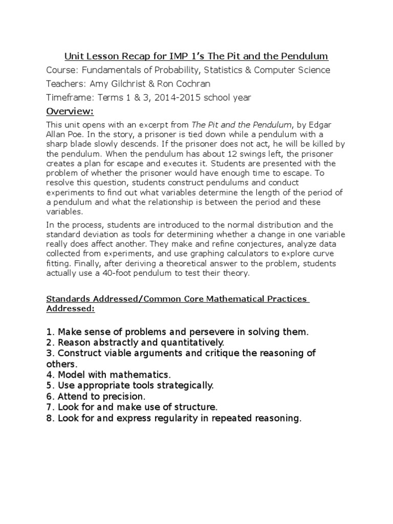 Unit Lesson Plan For Imp 1 The Pit and The Pendulum | PDF | Normal ...