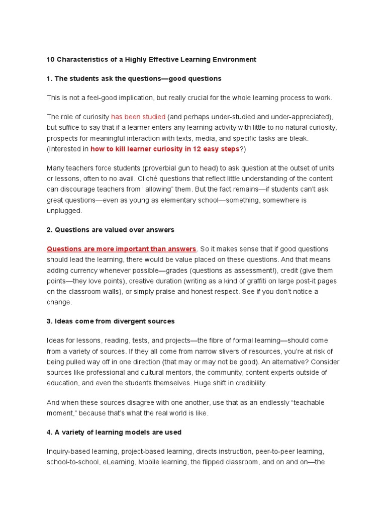 10 Characteristics of A Highly Effective Learning Environment ...
