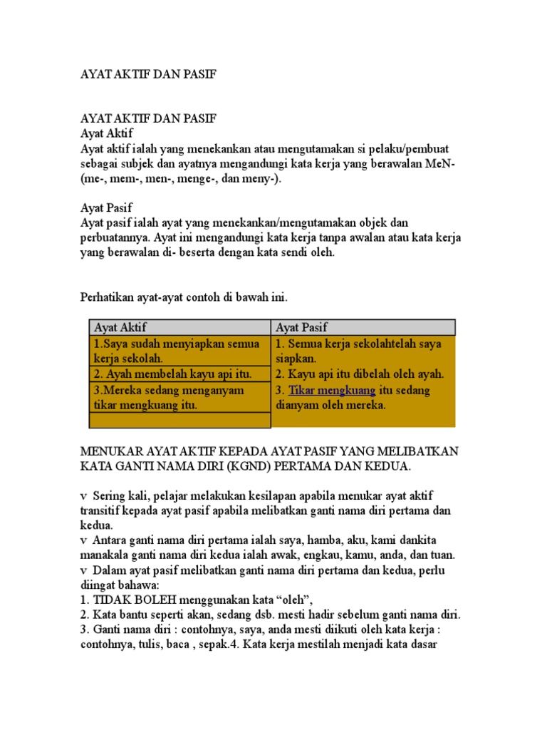 Contoh Aktiviti Ayat Aktif Dan Ayat Pasif