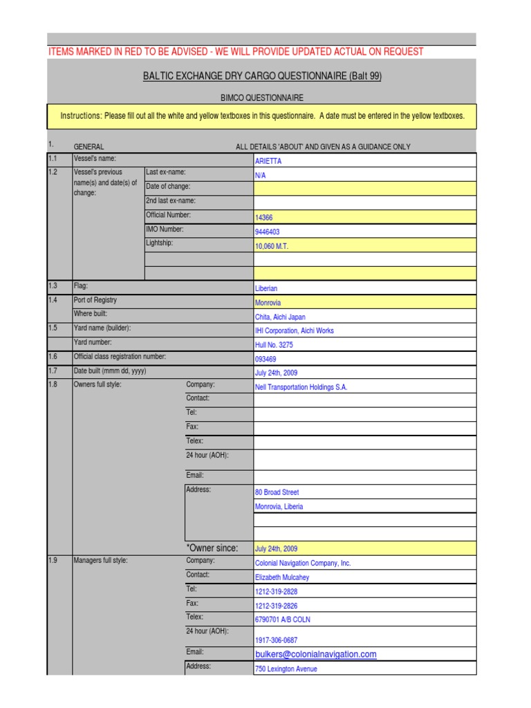 BALTIC EXCHANGE DRY CARGO QUESTIONNAIRE (Balt 99) - PROVIDING TECHNICAL ...