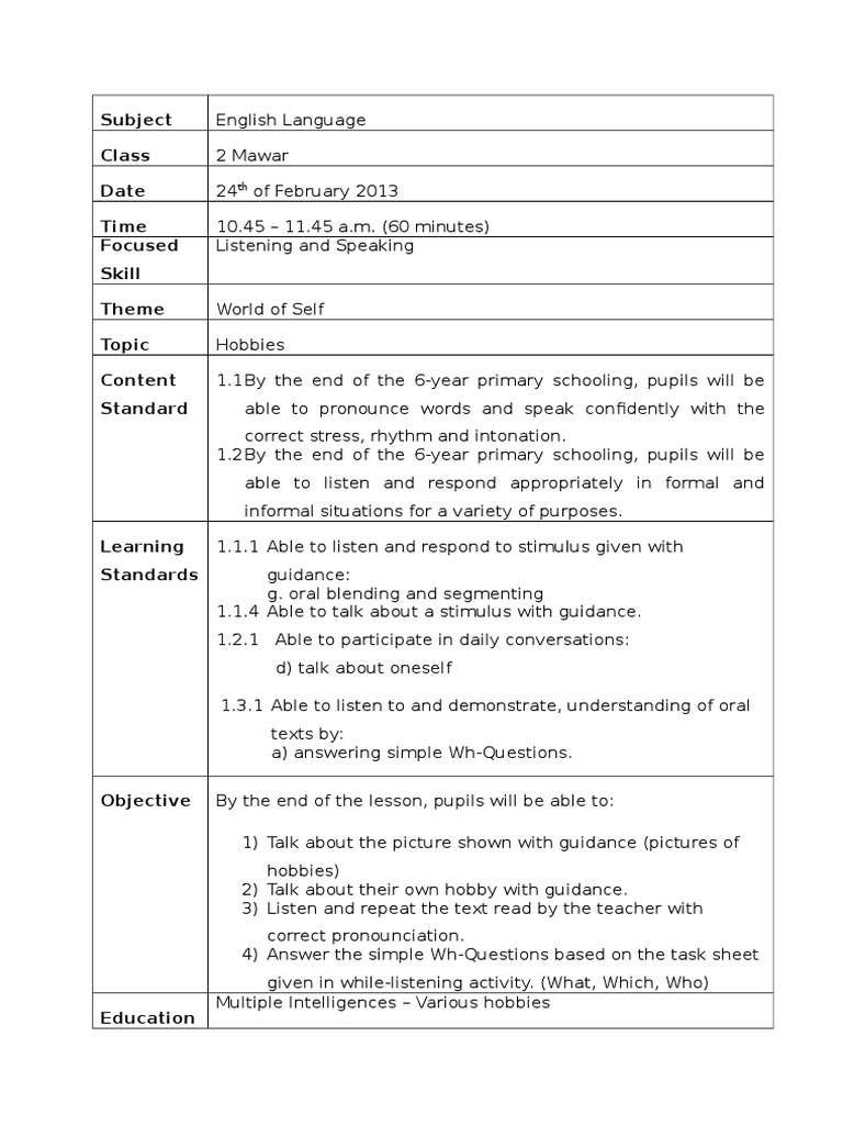 Lesson Plan Hobbies | Download Free PDF | Lesson Plan | Question
