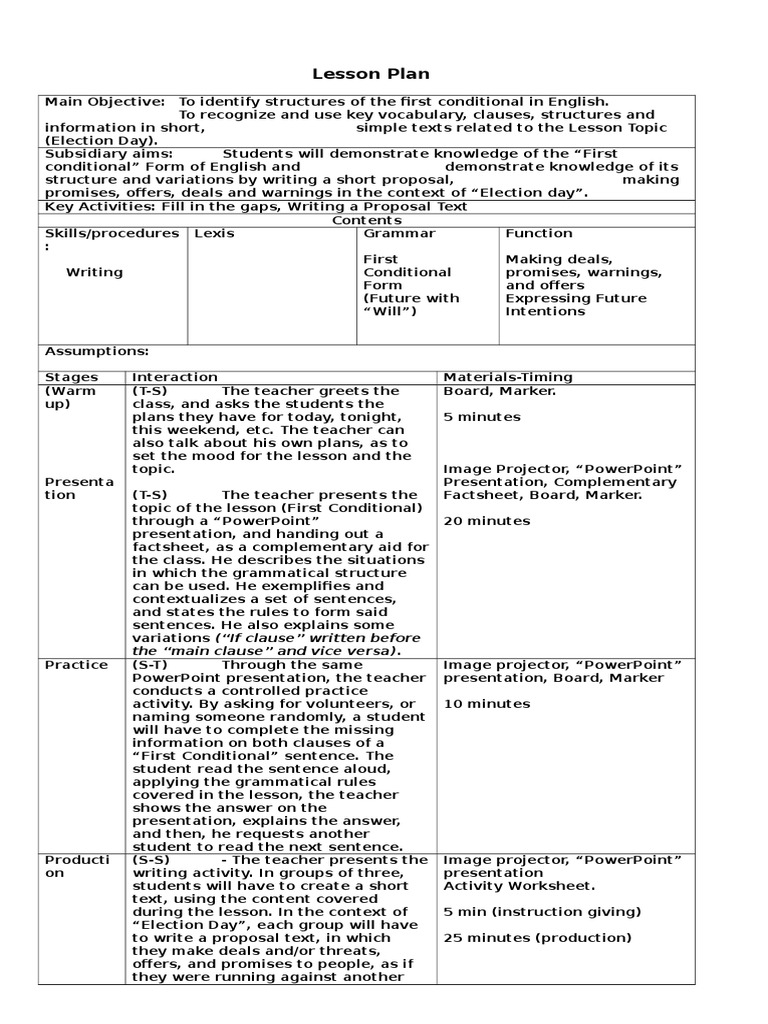 First Conditional Lesson Plan | PDF | Sentence (Linguistics) | Behavior ...
