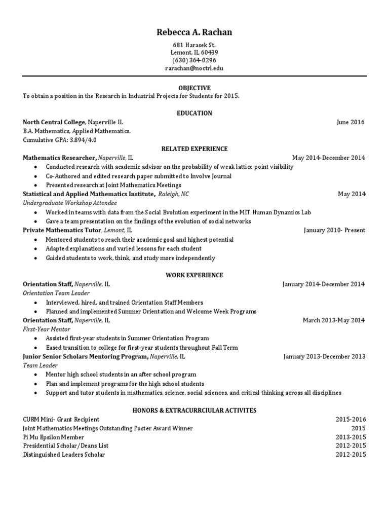 Rebecca Rachan's Mathematics Resume | PDF | Career & Growth