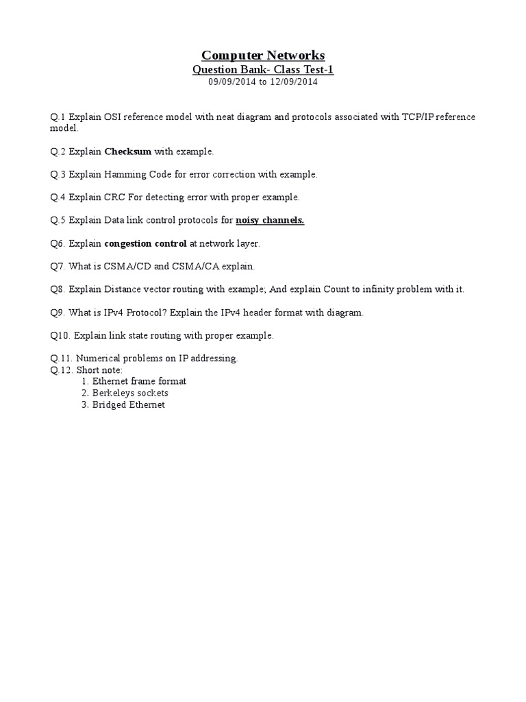 Computer Networks: Question Bank-Class Test-1 | PDF | Computers