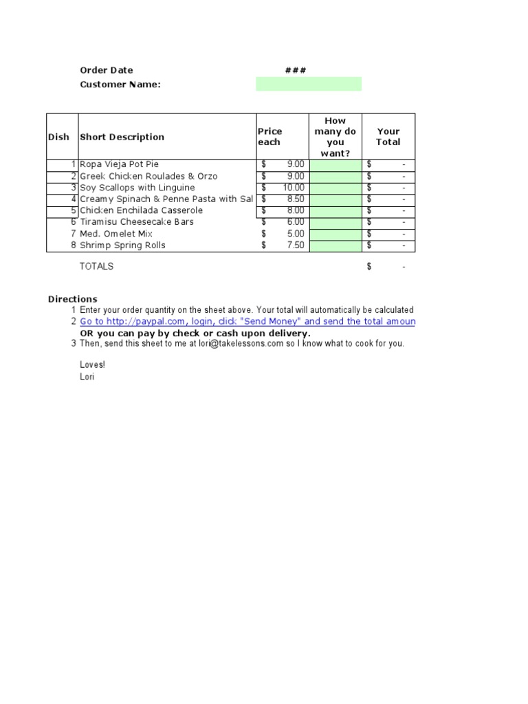 Printable Food Order Form Template | PDF