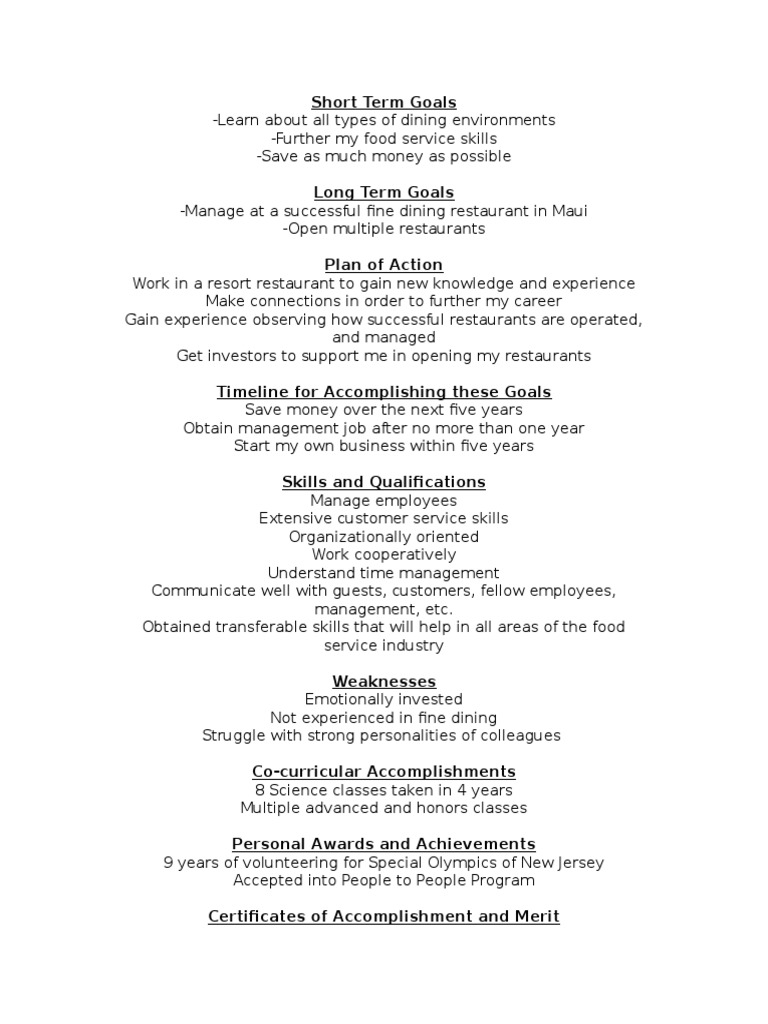 Career Goals in Food Service Management | PDF | Career & Growth | Business