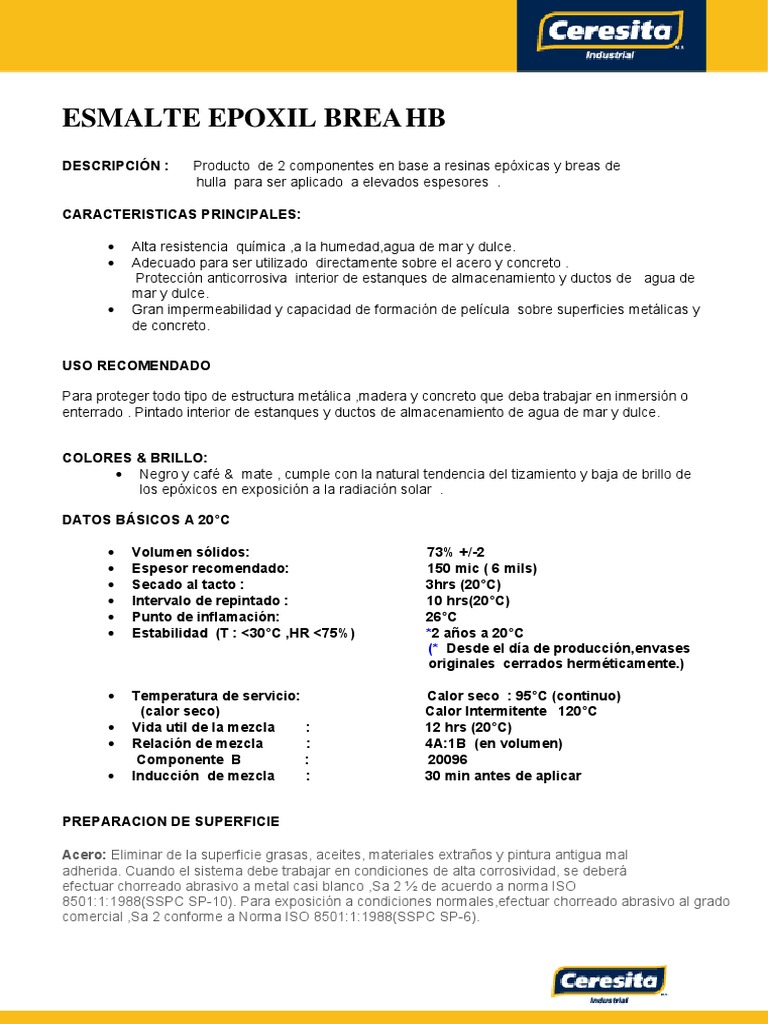 Hoja Tecnica Epoxil Brea HB Cersa E-61 | PDF | Epoxy | Pintar
