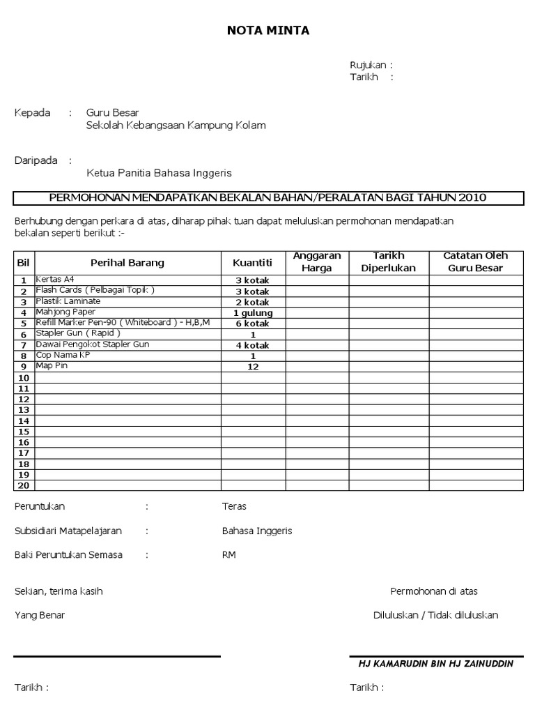 Contoh Nota Minta 2010 | PDF