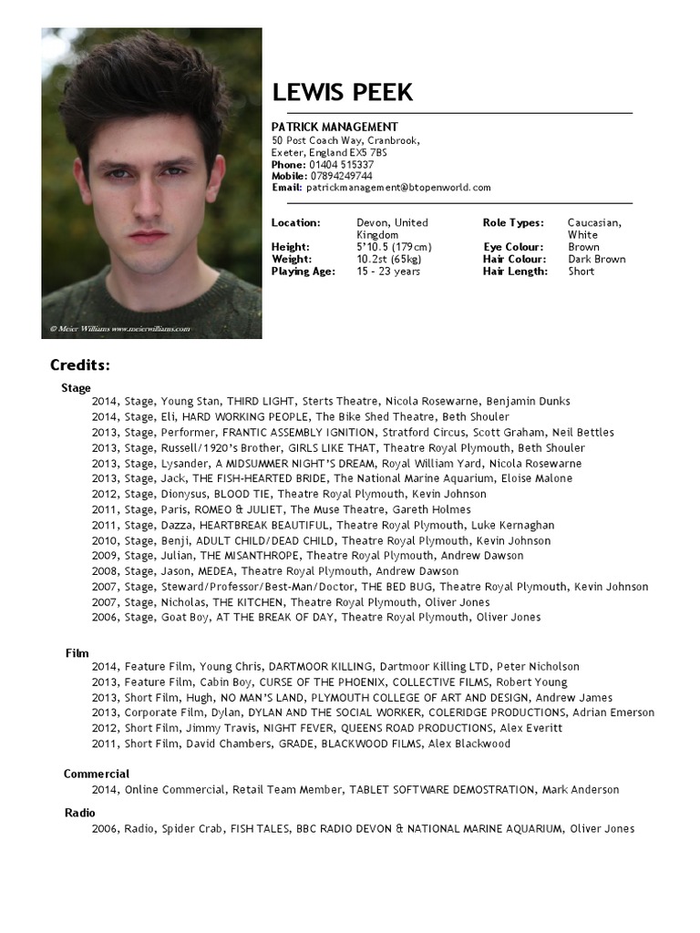 Lewis Joshua Peek - Acting CV 2015 | PDF | Plymouth | Entertainment