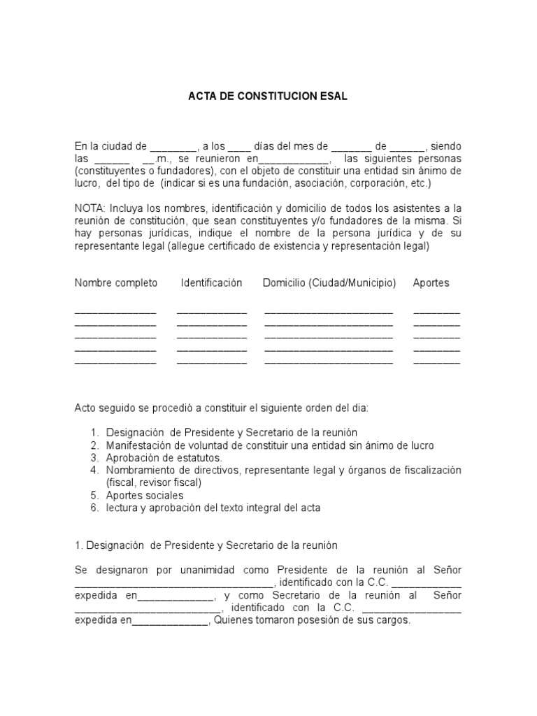 Modelo Acta de Constitucion Esal | Fundación (sin fines de lucro) | Esfera pública