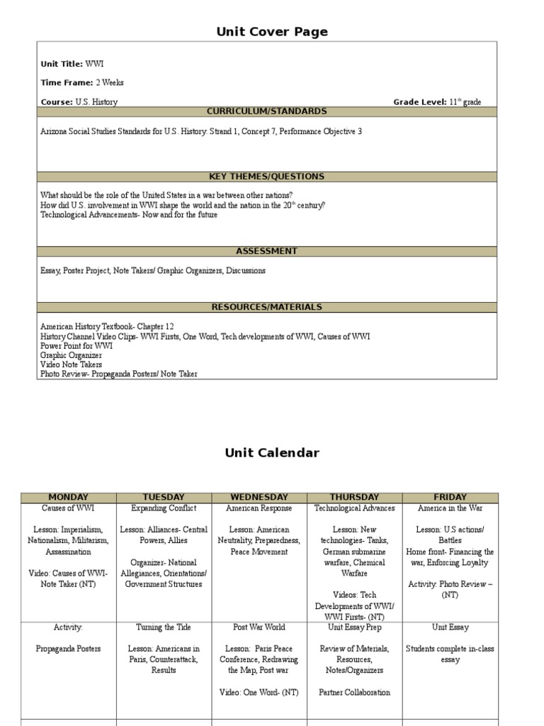WWI Unit Plan for 11th Grade History | PDF