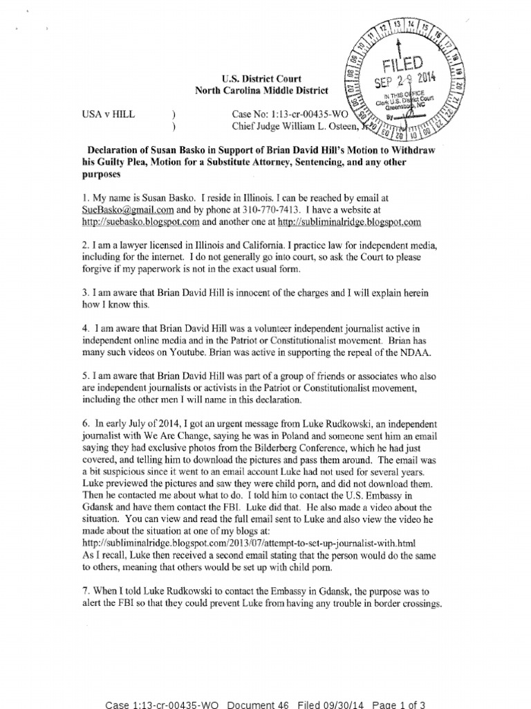 46 - Declaration by Susan Basko in Regards To Brian Hill's Innocence ...