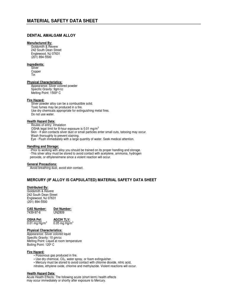 Dental Amalgam Safety Data Sheet | PDF | Mercury (Element) | Silver
