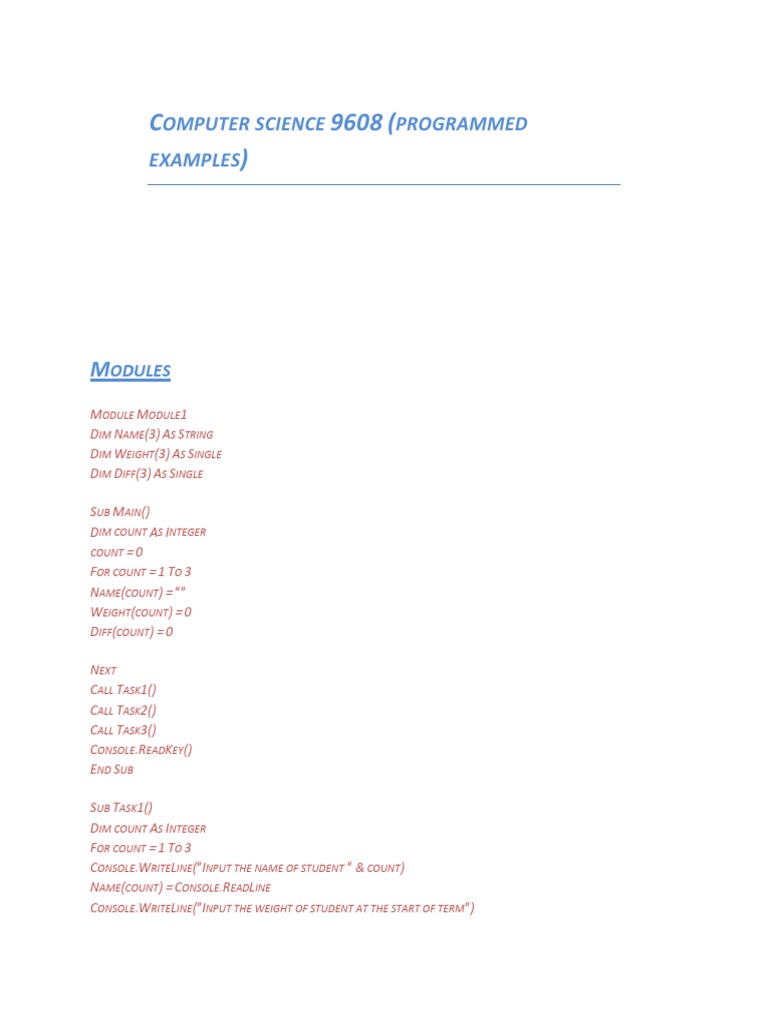 Computer Science 9608 Programmed Examples PDF | PDF | Computer Programming | Software Engineering