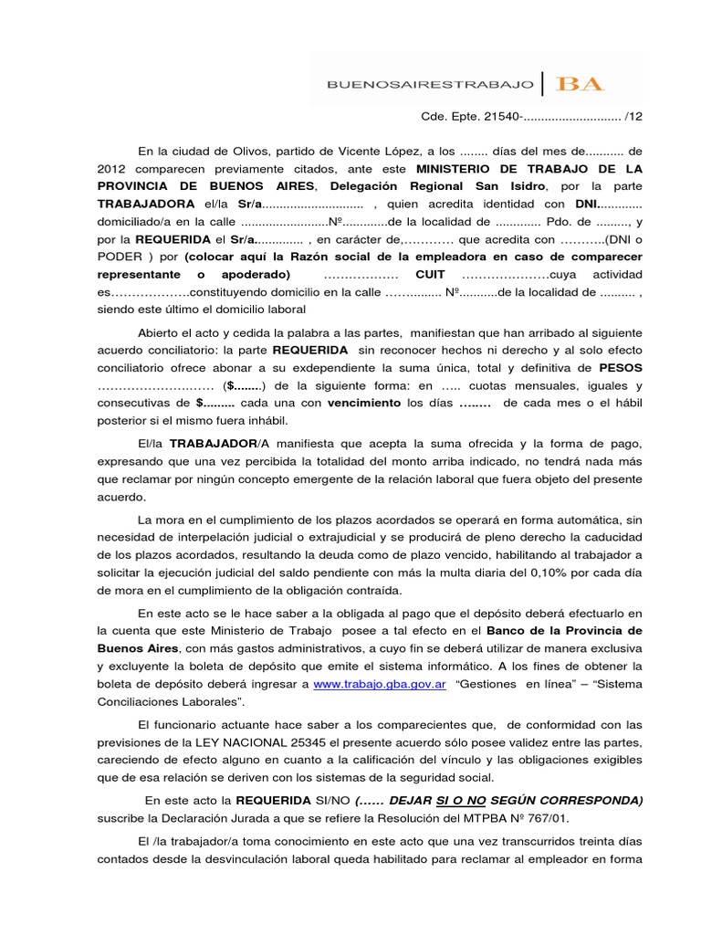 Modelo de Acuerdo Conciliatorio | PDF | Derecho laboral | Gobierno