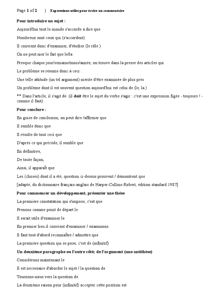 Expressions Utiles Pour Écrire Un Commentaire (1) | Sujet (Grammaire ...