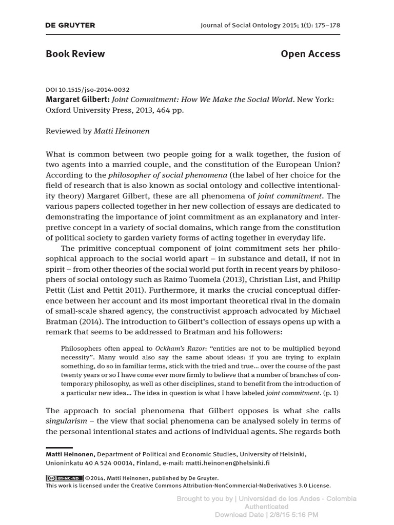 Book Review Open Access: Margaret Gilbert: Joint Commitment: How We ...