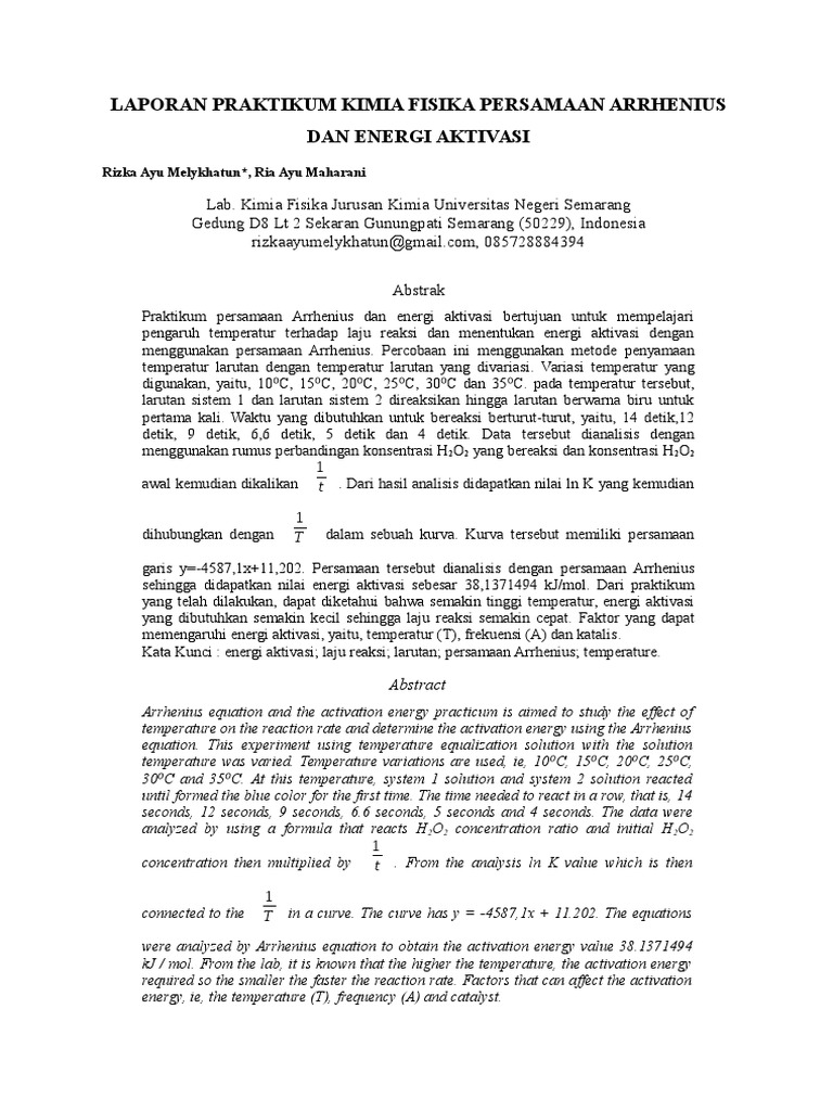 Laporan Praktikum Kimia Fisika Persamaan Arrhenius Dan Energi Aktivasi ...