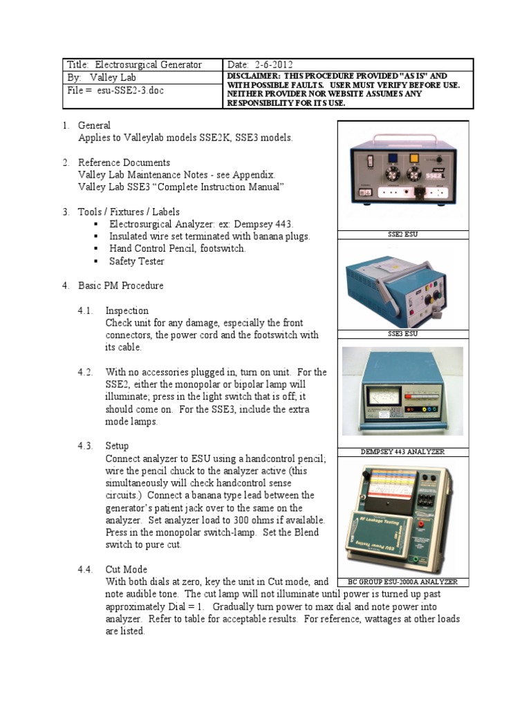Valley Lab SSE2-3 ESU - Test Procedure | PDF | Series And Parallel ...