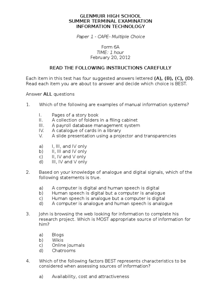 Information Technology Multiple Choice | PDF | Computing | Digital ...