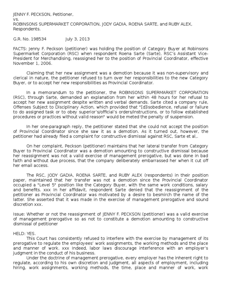 Peckson vs. Robinson's Supermarket Corporation | PDF | Employment | Virtue