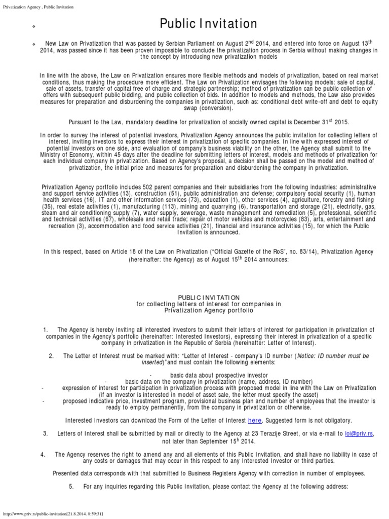 Privatization Agency, Public Invitation PDF | PDF | Privatization ...