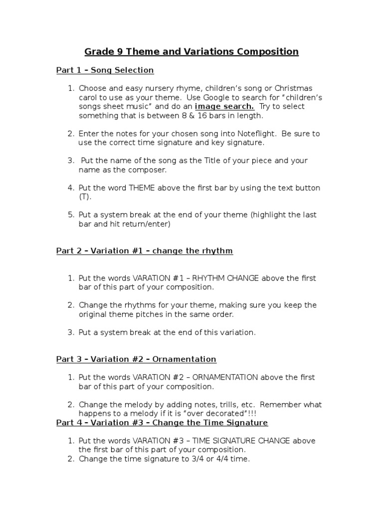 Grade 9 Theme and Variations Composition: Part 1 - Song Selection | PDF