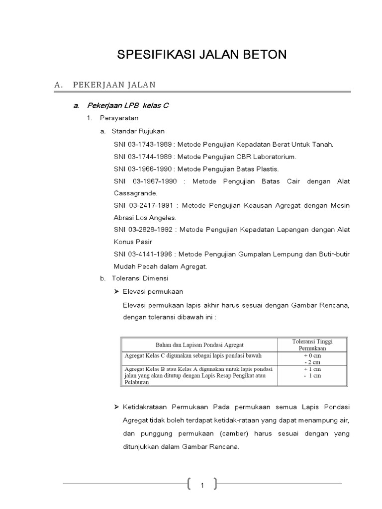 Spektek Dan Metode Pelaksanaan Jalan Beton PDF | PDF